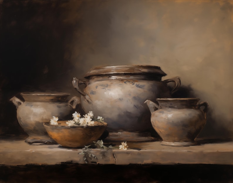 Vintage Pottery Still Life Digital Art, Classic Ceramic Collection ...