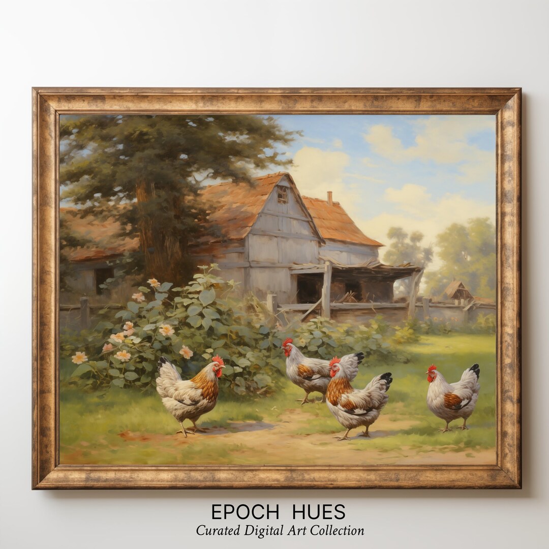 Rustic Farmhouse Chicken Digital Art, Countryside Barn Landscape Print ...