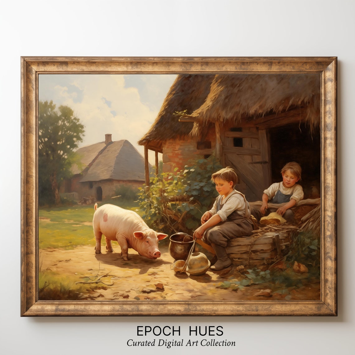Vintage Farmhouse Digital Art Print, Classic Countryside Scene, Rural ...