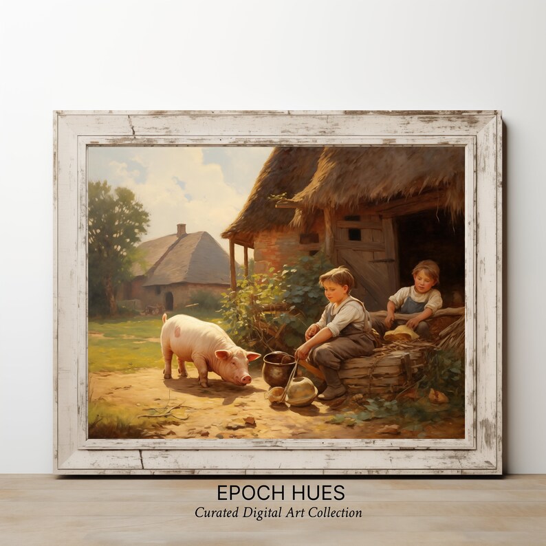 Vintage Farmhouse Digital Art Print, Classic Countryside Scene, Rural ...