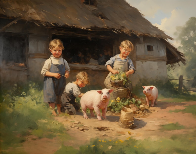 Vintage Farm Scene Print, Kids With Pigs Art, Rural Life Wall Art ...