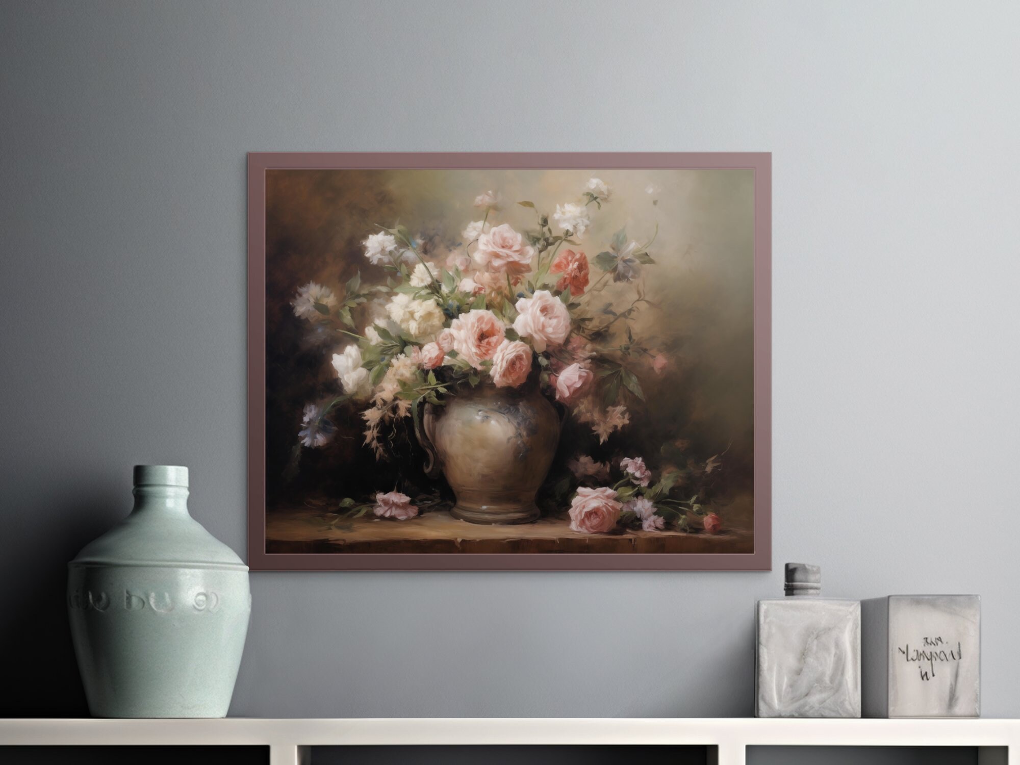 Vintage Floral Digital Painting, Classic Rose Bouquet Artwork, Instant ...