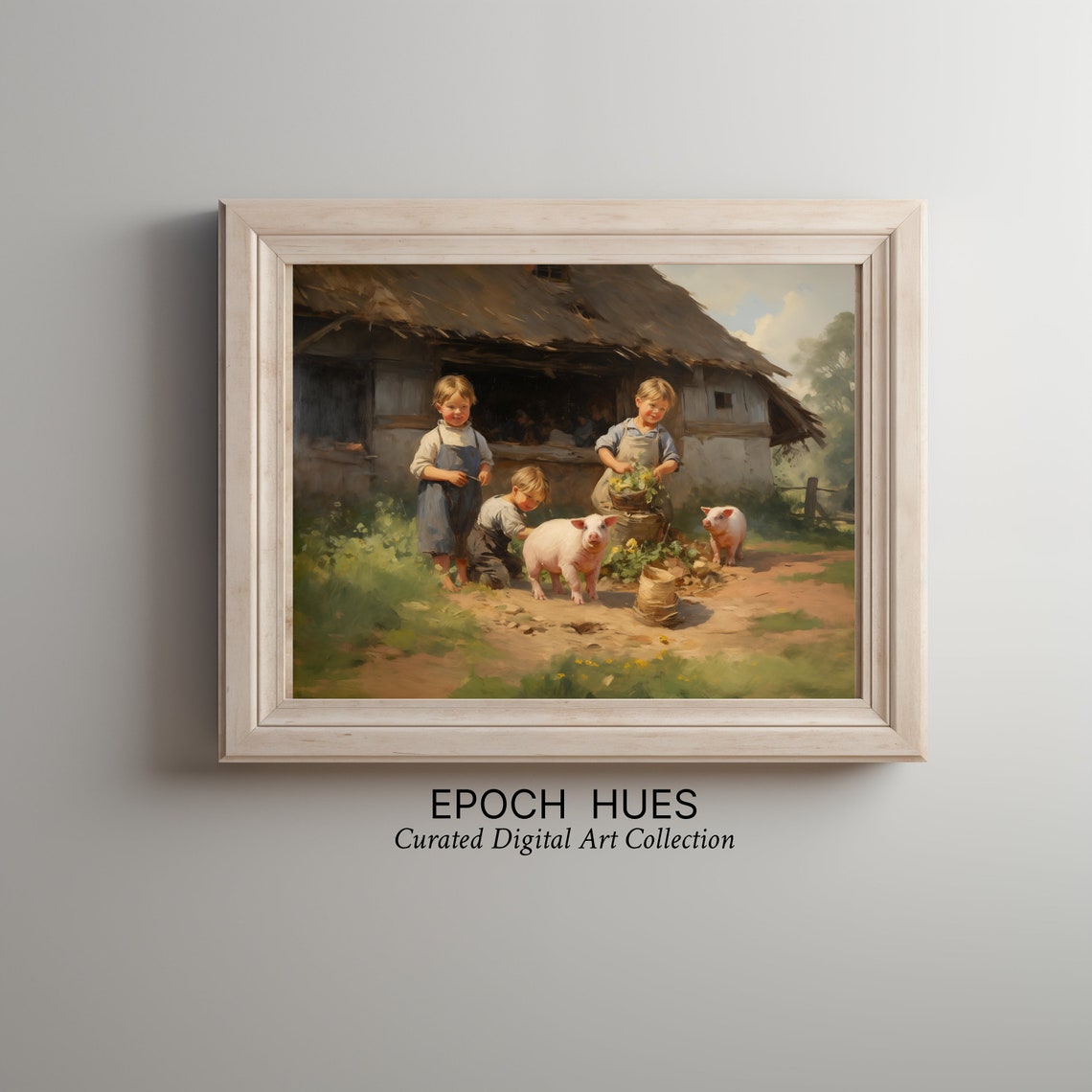 Vintage Farm Scene Print, Kids With Pigs Art, Rural Life Wall Art ...
