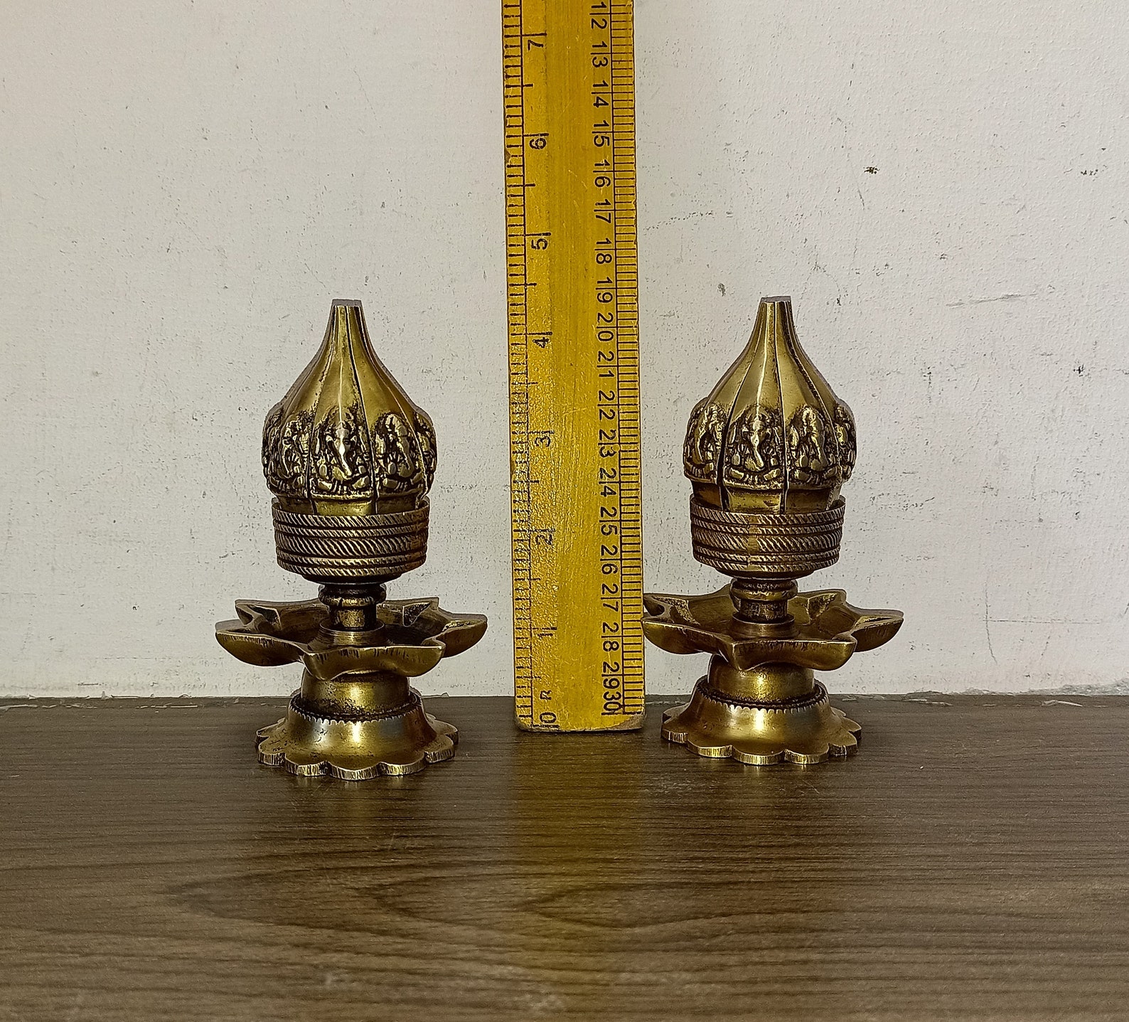 Ganesha Engraved Lamp Set of 02 Pieces Brass Flower Petals Design Oil ...
