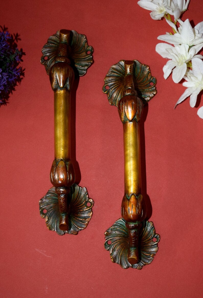 9 Inches Daisy Flower Design Front Door Handle Set Brass Nature Plants ...