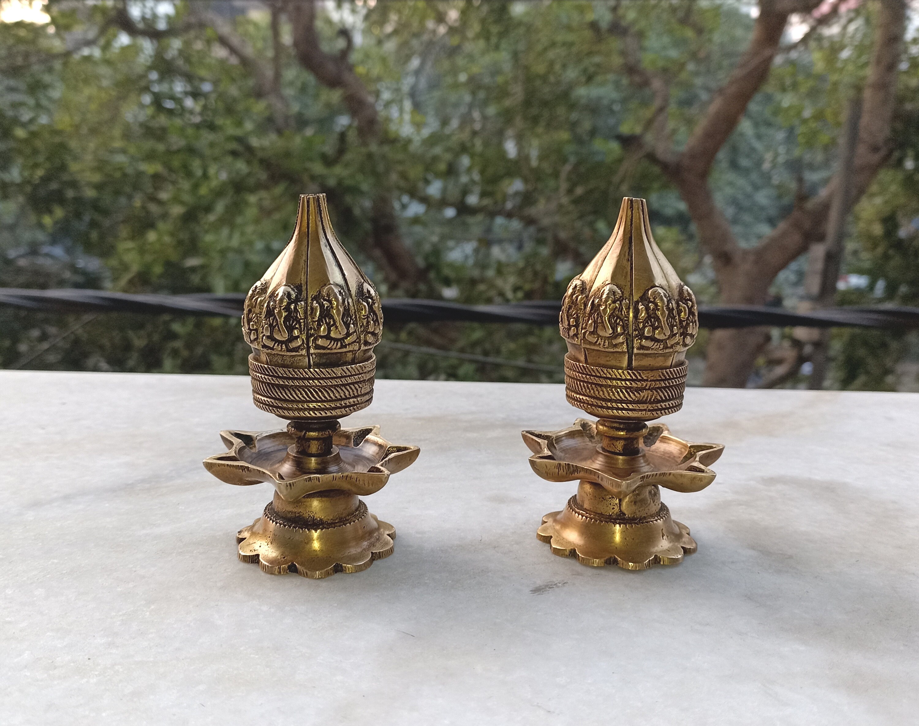 Ganesha Engraved Lamp Set of 02 Pieces Brass Flower Petals Design Oil ...