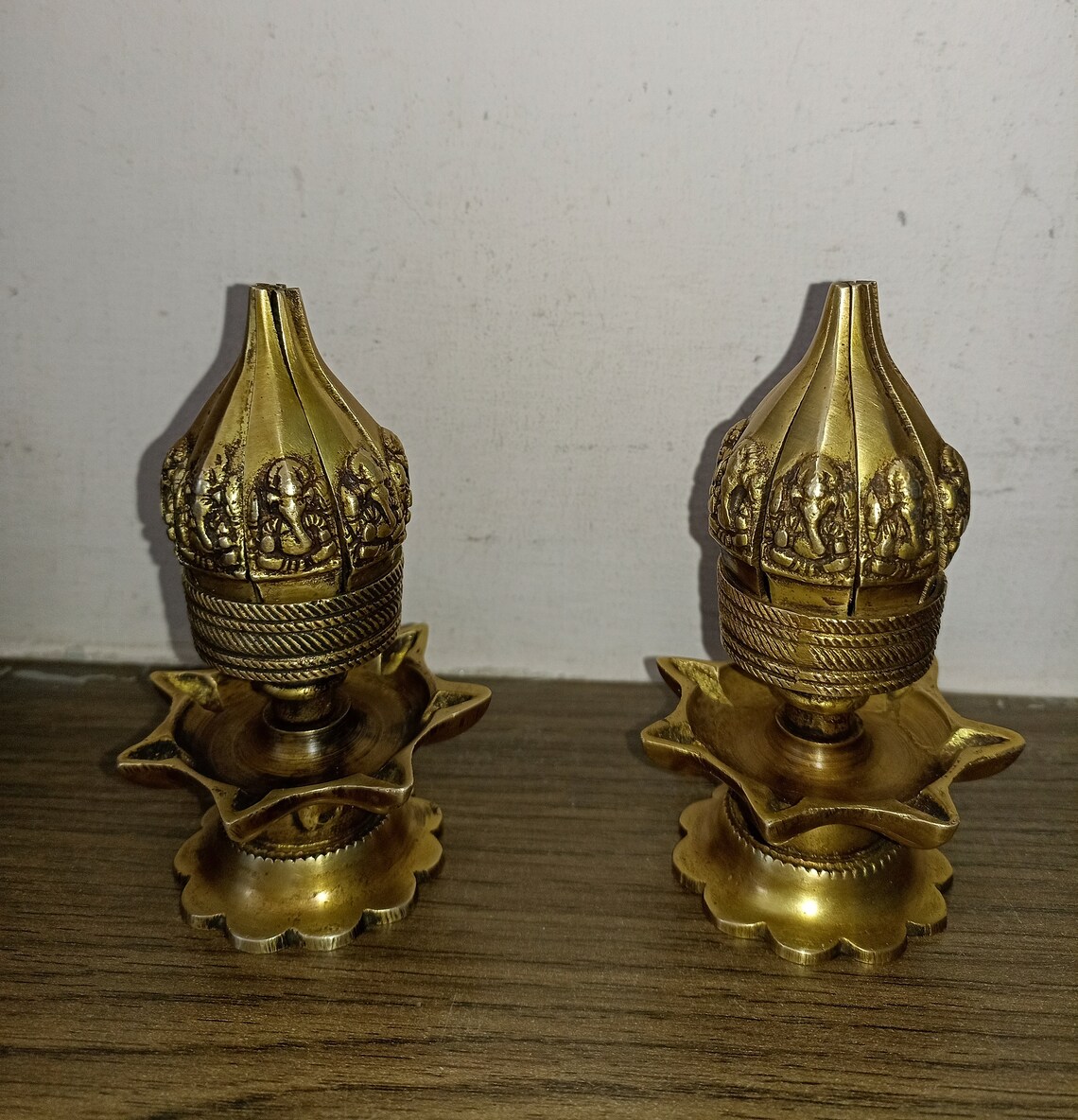 Ganesha Engraved Lamp Set of 02 Pieces Brass Flower Petals Design Oil ...