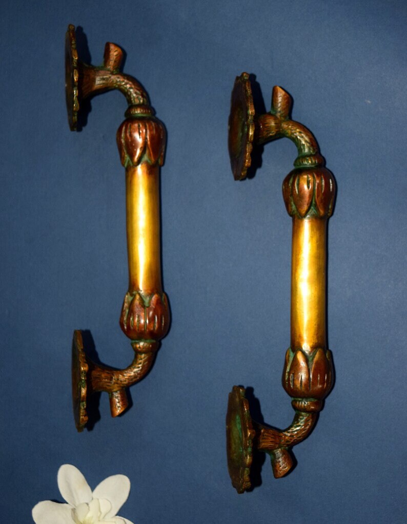 9 Inches Daisy Flower Design Front Door Handle Set Brass Nature Plants ...