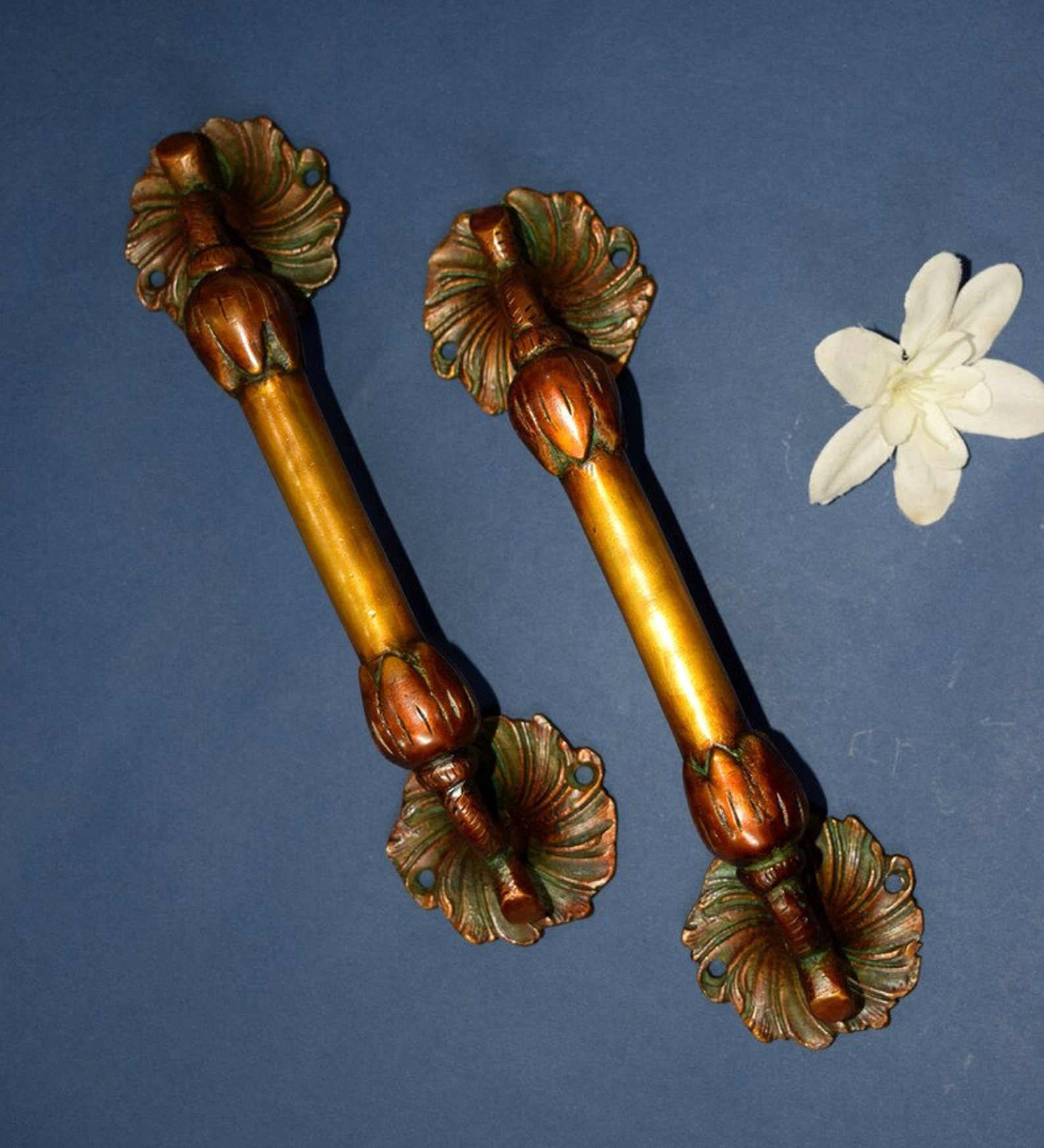 9 Inches Daisy Flower Design Front Door Handle Set Brass Nature Plants ...