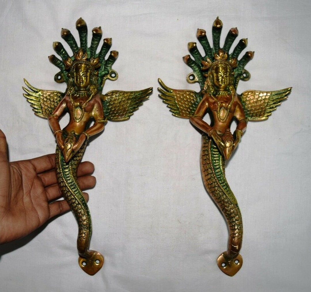 Crowned Snake Queen Home Door Handle Pair Brass Snake Lady Holding ...