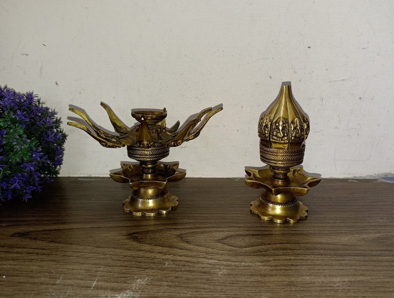 Ganesha Engraved Lamp Set of 02 Pieces Brass Flower Petals Design Oil ...