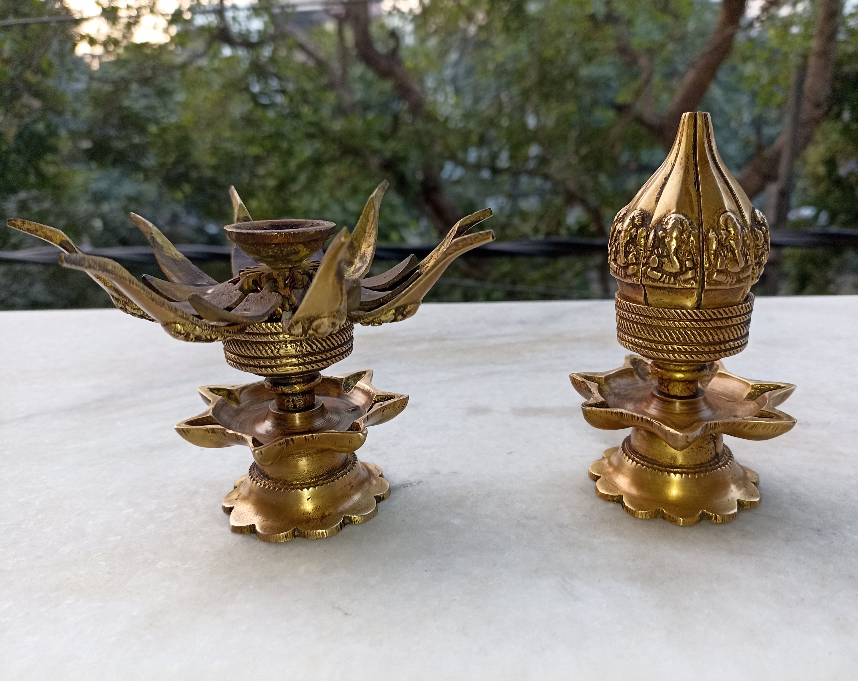 Ganesha Engraved Lamp Set of 02 Pieces Brass Flower Petals Design Oil ...