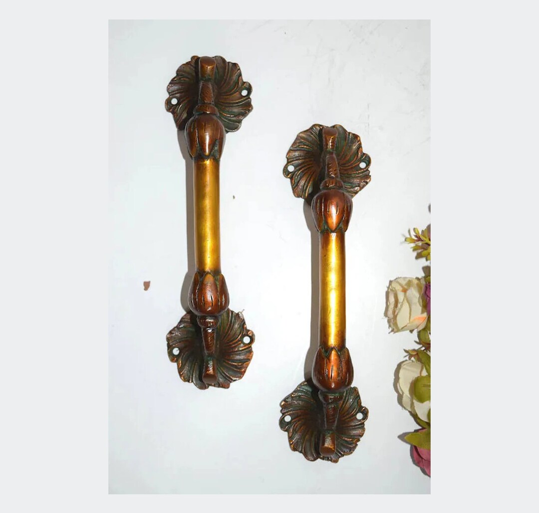 9 Inches Daisy Flower Design Front Door Handle Set Brass Nature Plants ...