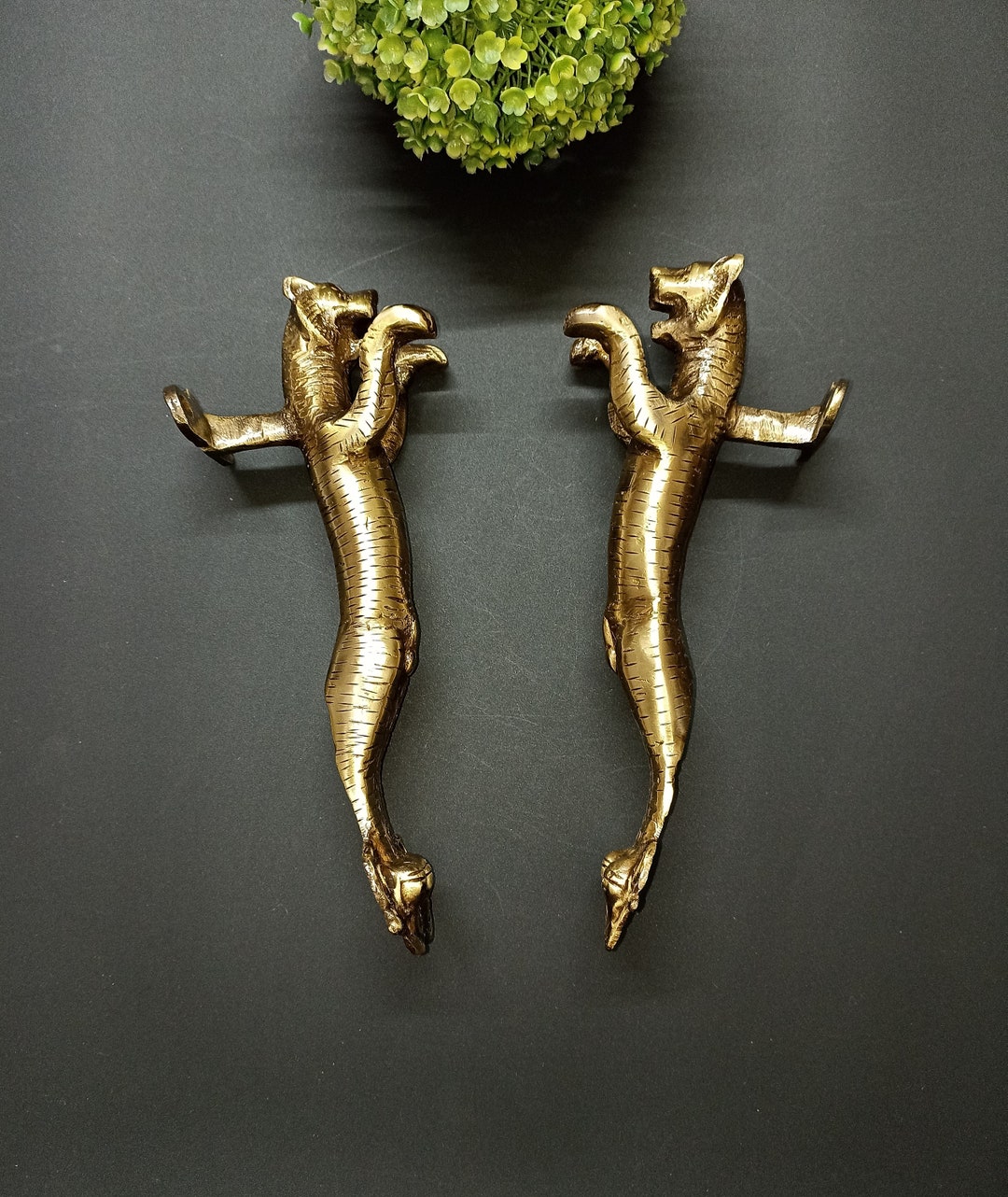 Leaping Tiger Design Door Handle Pair Brass Hunting Leopard Shape Entry ...