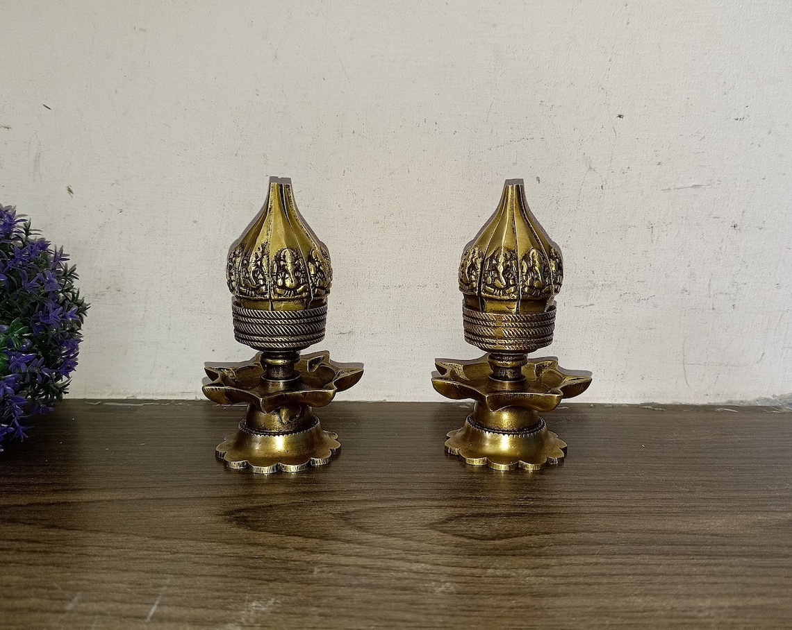 Ganesha Engraved Lamp Set of 02 Pieces Brass Flower Petals Design Oil ...