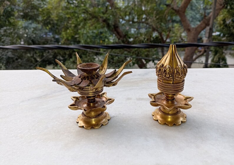 Ganesha Engraved Lamp Set of 02 Pieces Brass Flower Petals Design Oil ...