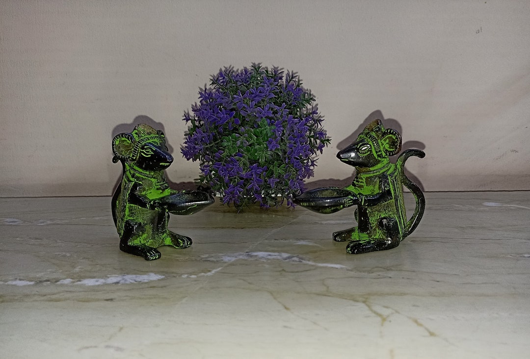 Ganesha Mooshak Idol Lamp Set of 02 Pieces Brass Mice Holding Oil Diya ...