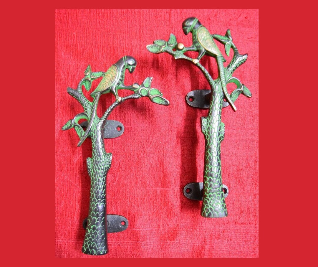 8 Inches Parrot and Tree Shape Out Door Pull Set Brass Chirping Bird ...