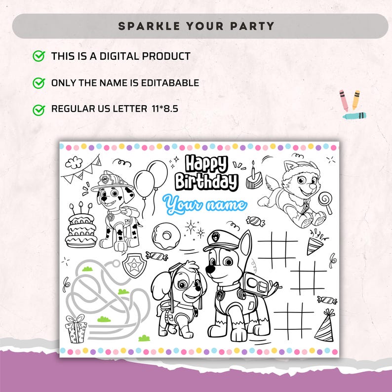 Personalized Paw Patrol Birthday Placemat: Editable Coloring Page ...