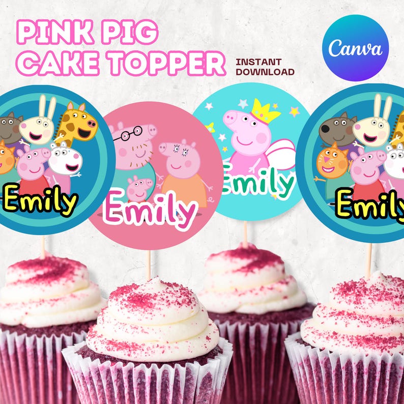 Editable Pink Peppa Pig Cake Topper: Personalized Party Favors (instant ...