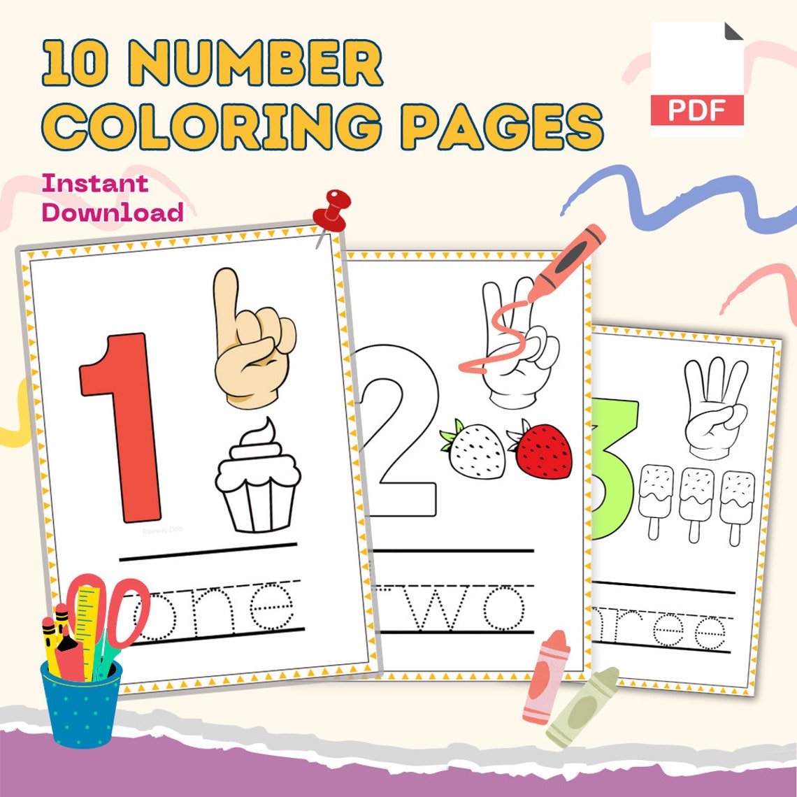 1 - 10 Numbers Printable Coloring Page Worksheets for Kids, Toddlers ...