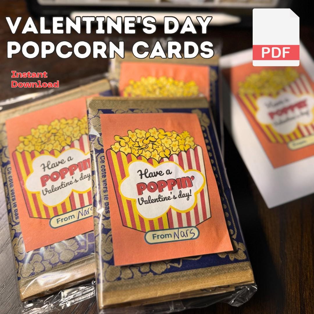 Printable Popcorn Valentines, Kids Valentine's Day Card, Boy Girl ...