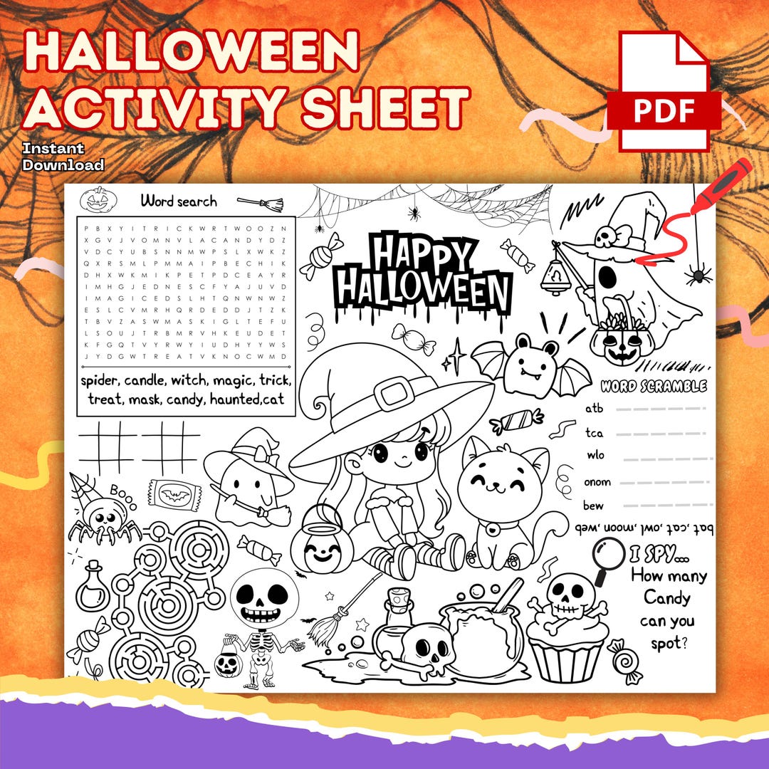 Halloween Activity Placemat: Coloring Page & Games (PDF) - Etsy