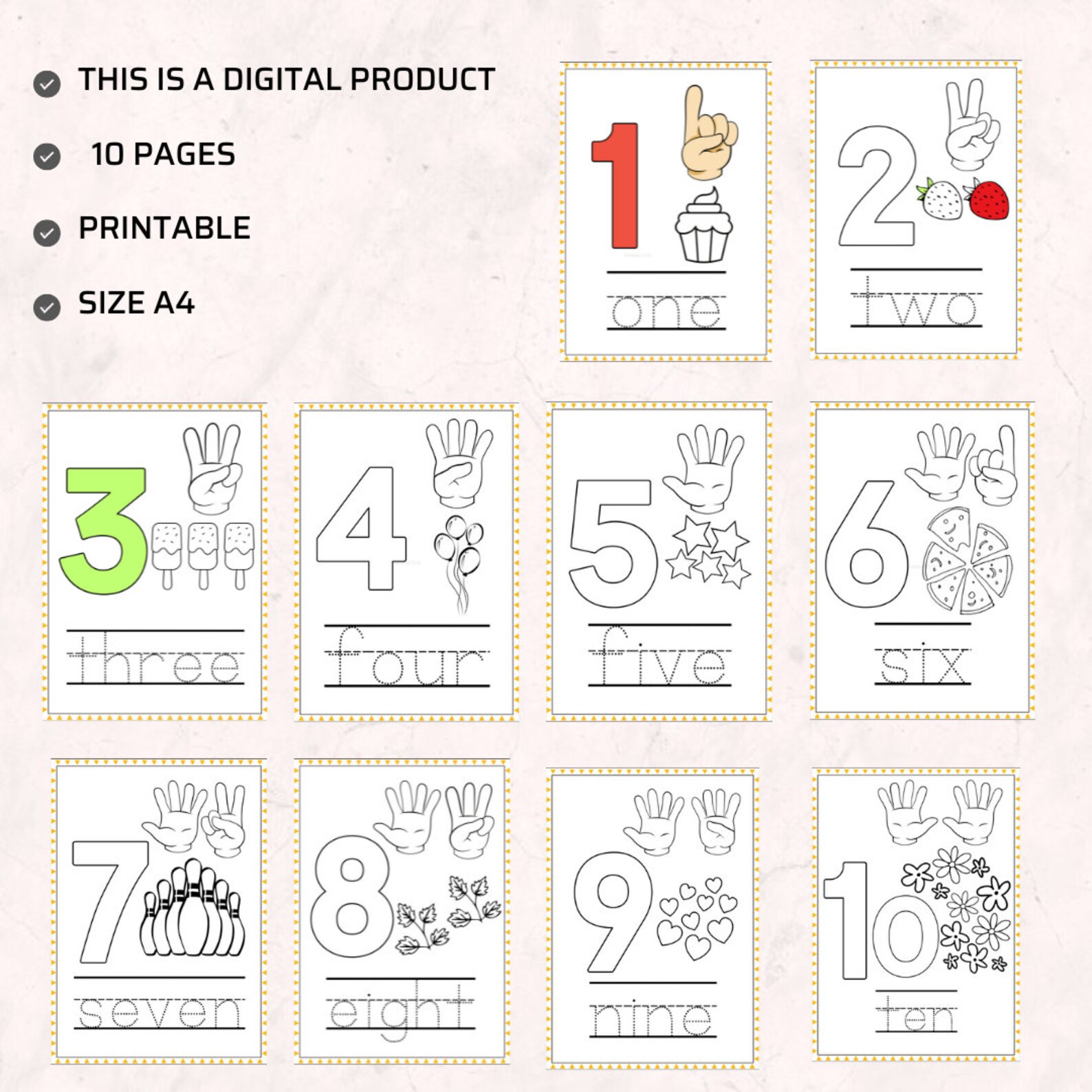 1 - 10 Numbers Printable Coloring Page Worksheets for Kids, Toddlers ...