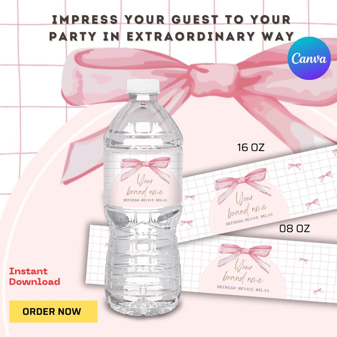 Pink Bow Water Bottle Label Printable, Pink Bow Birthday Water Labels ...