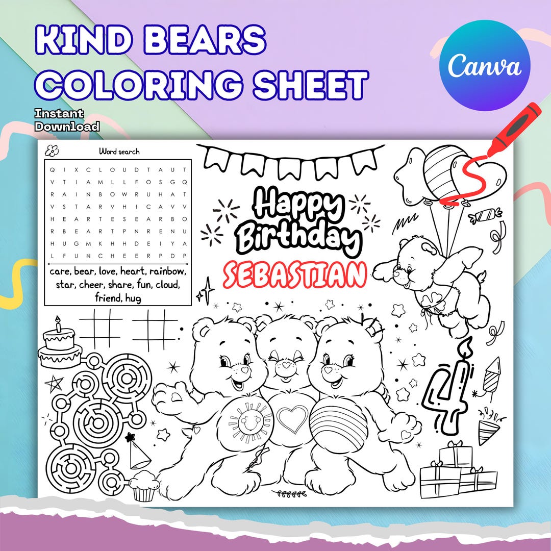 Personalized Kind Bears Birthday Coloring Page Placemat (digital ...