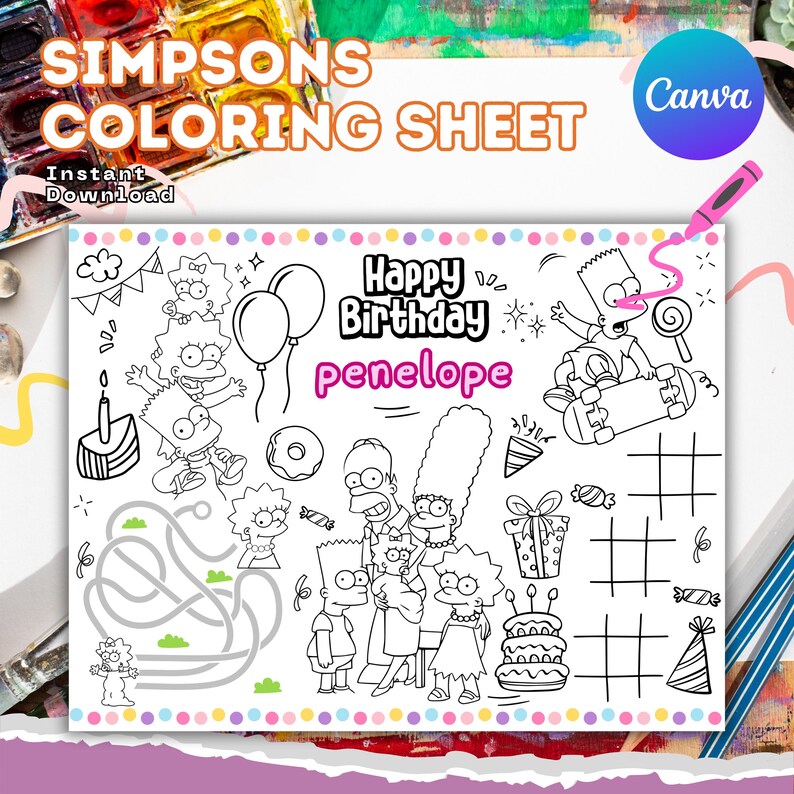 Editable Simpsons Party Placemat | Printable Birthday Coloring Page Mat ...