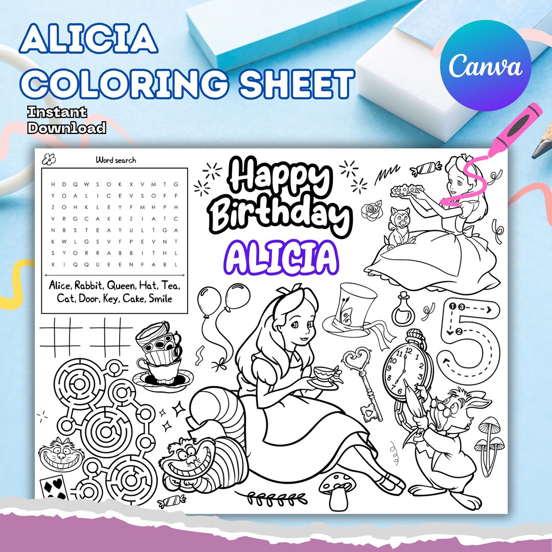 Personalized Alice in Wonderland Birthday Coloring Placemat (digital ...