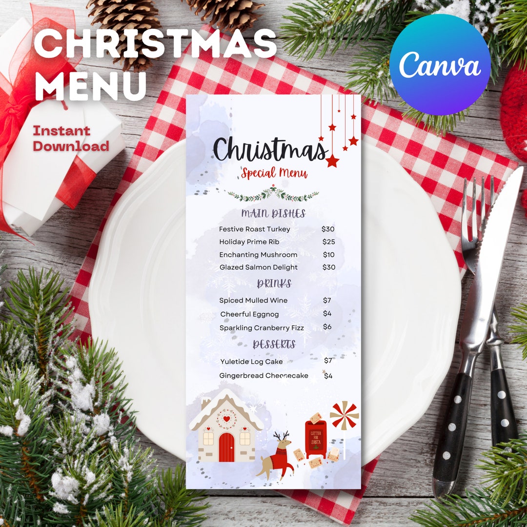 Modern Christmas Menu Template, Holiday Dinner Menu, Printable Winter ...