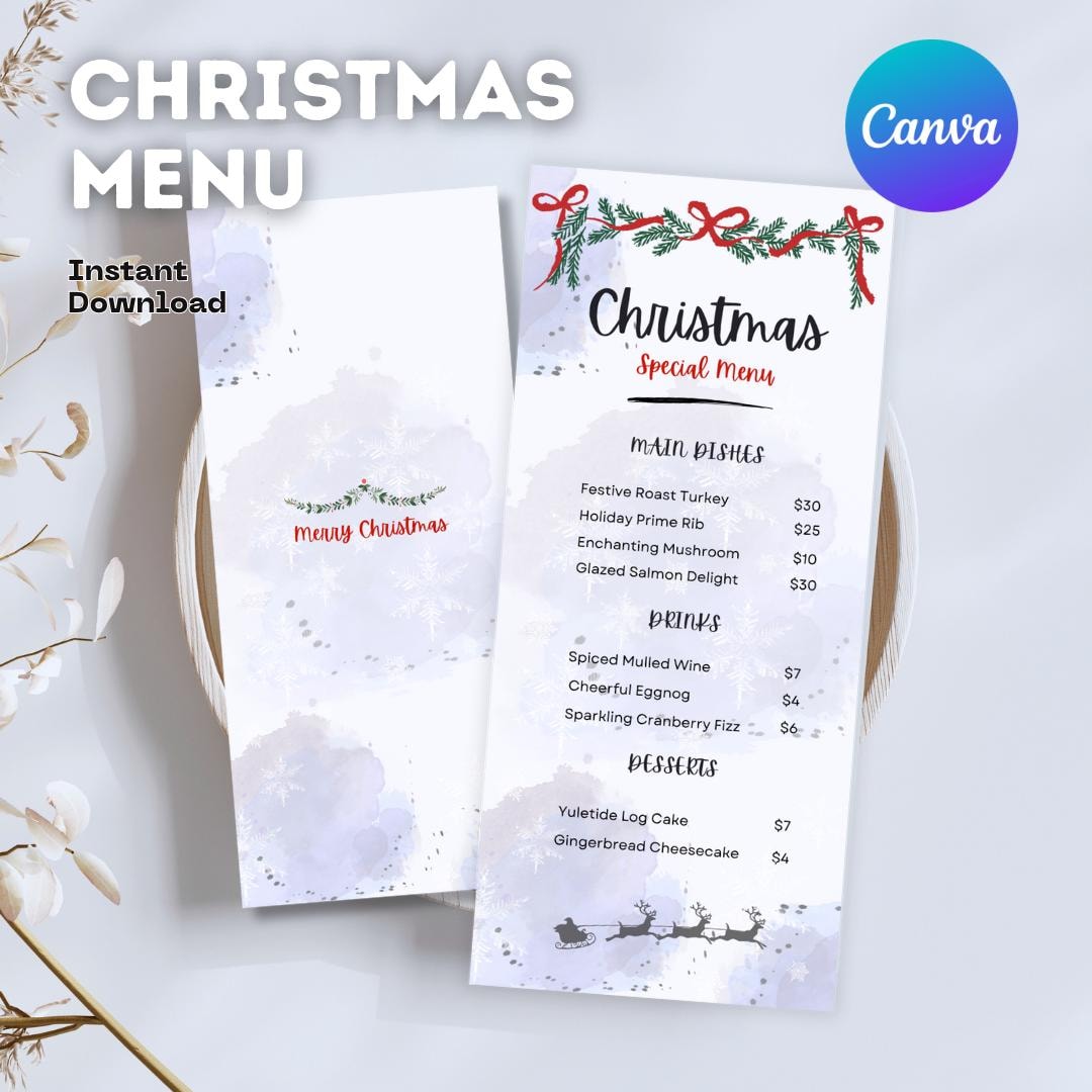 Modern Christmas Menu Template, Holiday Dinner Menu, Printable Winter ...