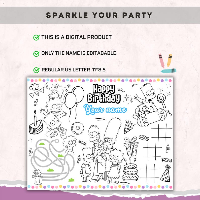 Editable Simpsons Party Placemat | Printable Birthday Coloring Page Mat ...