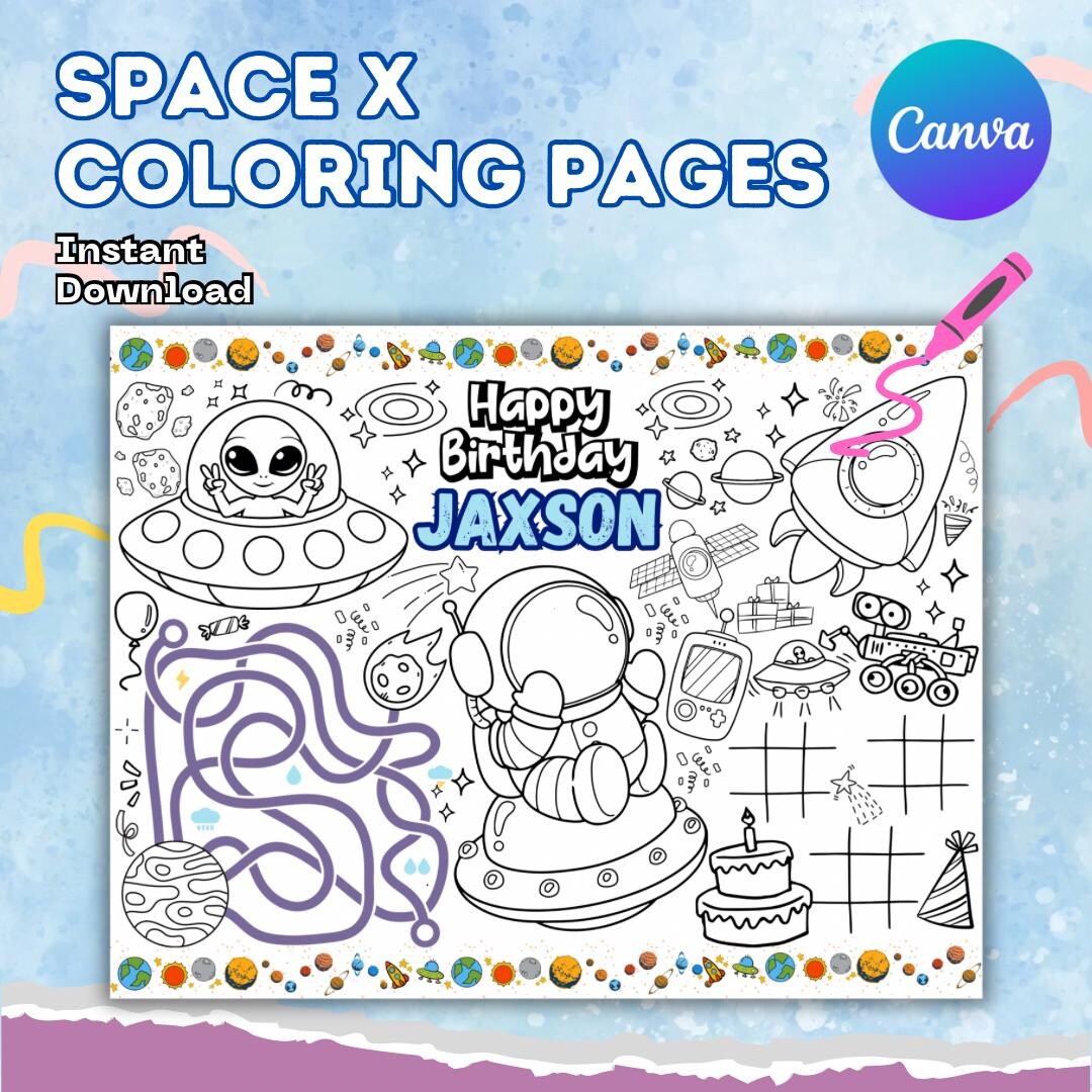 Editable Space Birthday Coloring Placemat: Planets, Rocket (digital ...