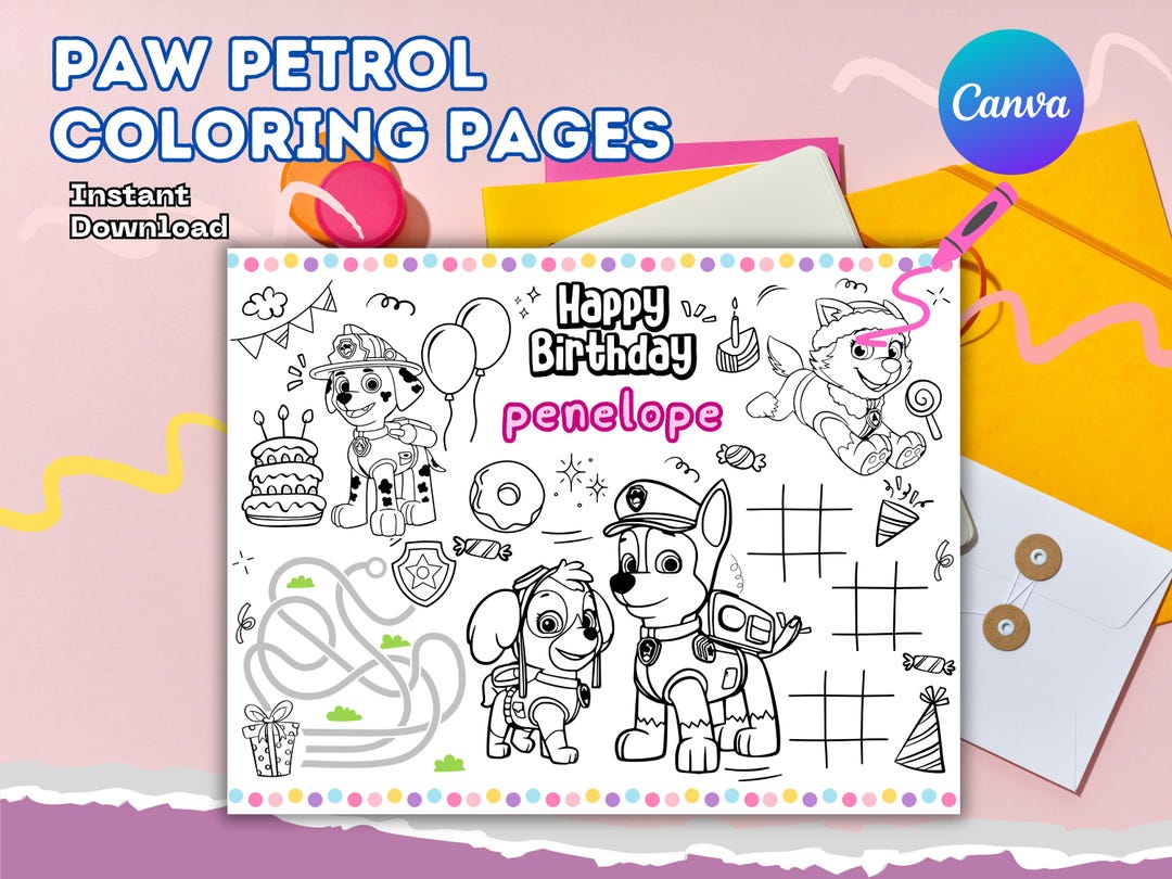 Editable Paw Petrol Party Placemat | Printable Birthday Coloring Page ...