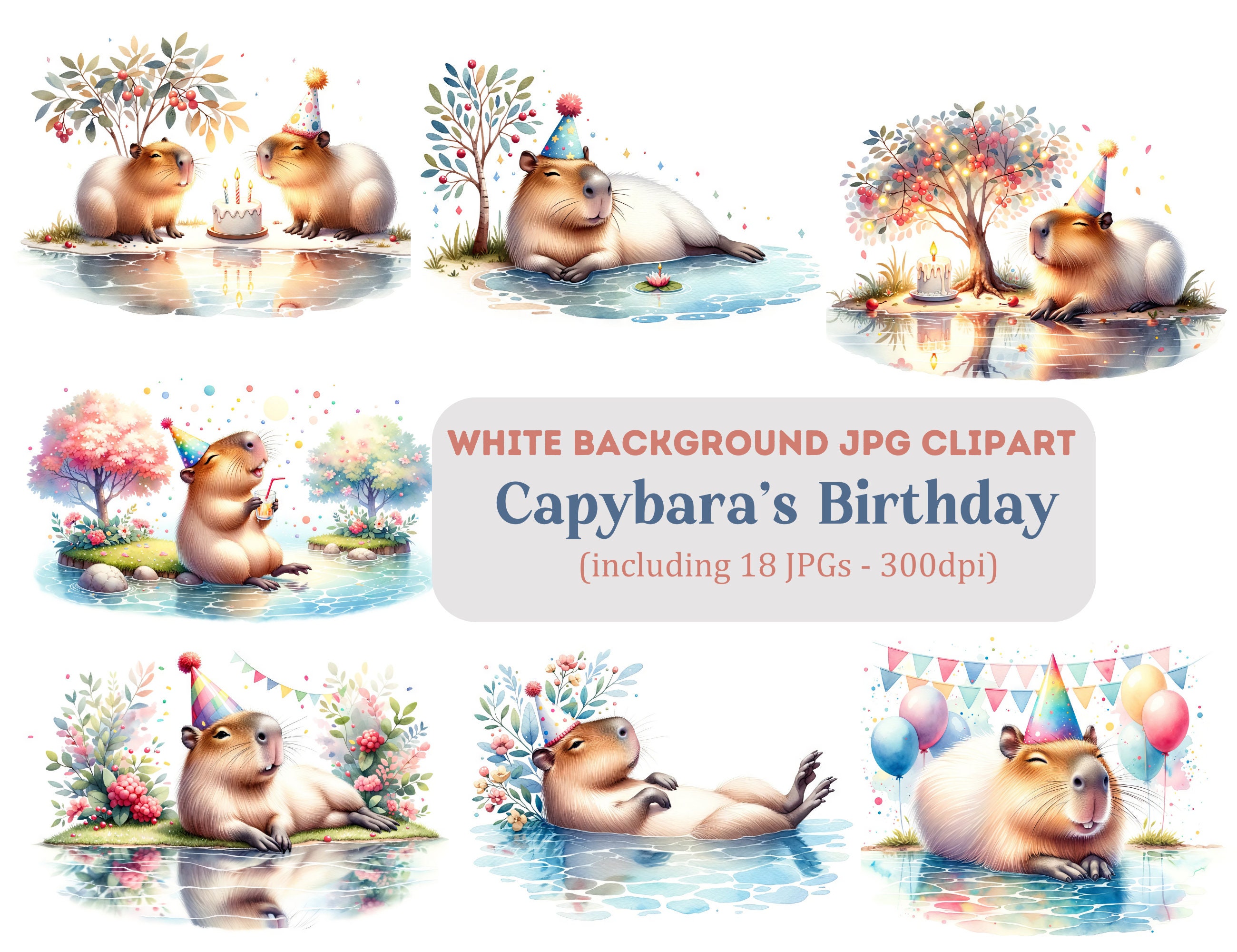 Capybara's Birthday Clipart, Cute Animals White Background JPG ...