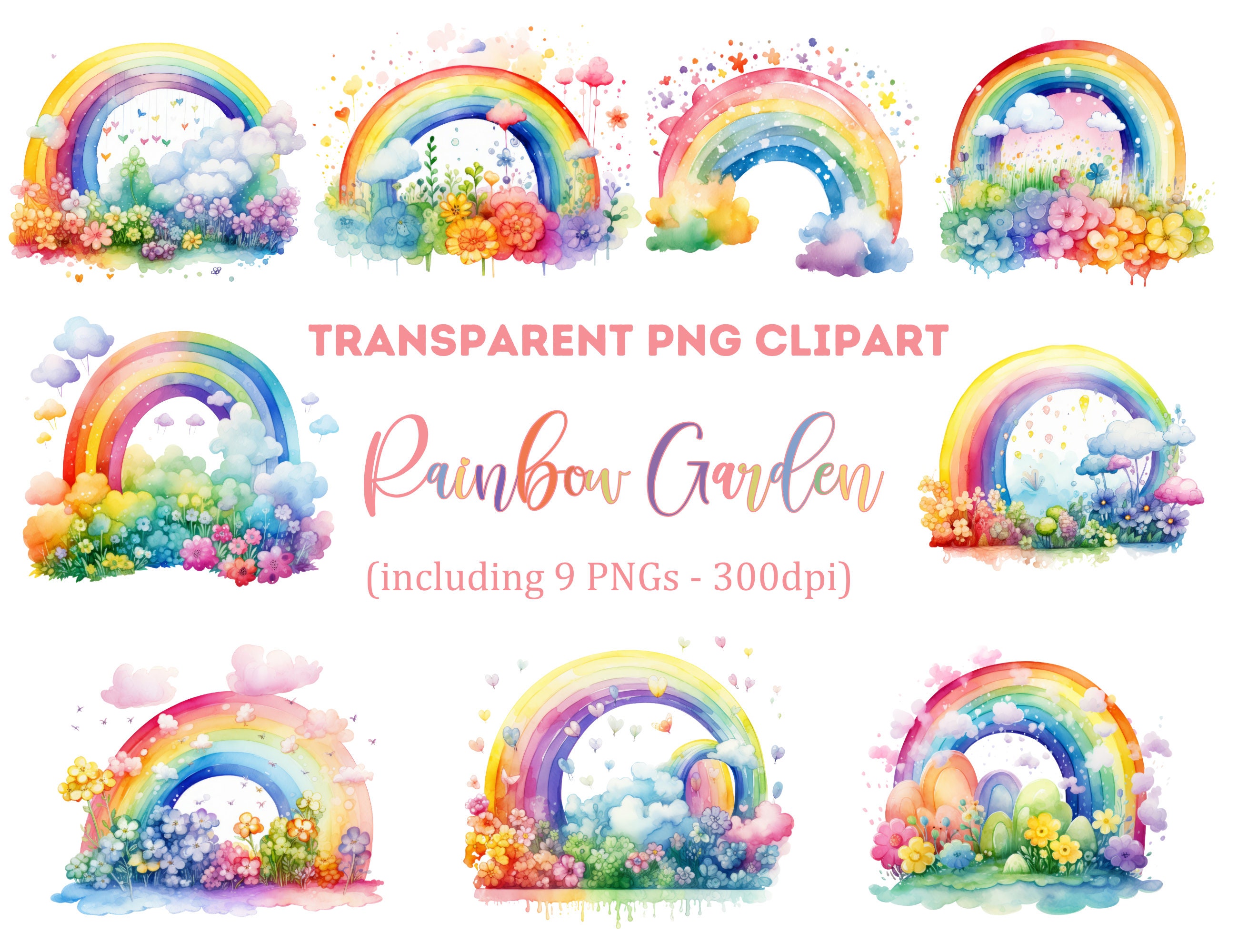 Watercolor Rainbow Garden Clipart, Rainbow Clipart, Floral Clipart ...
