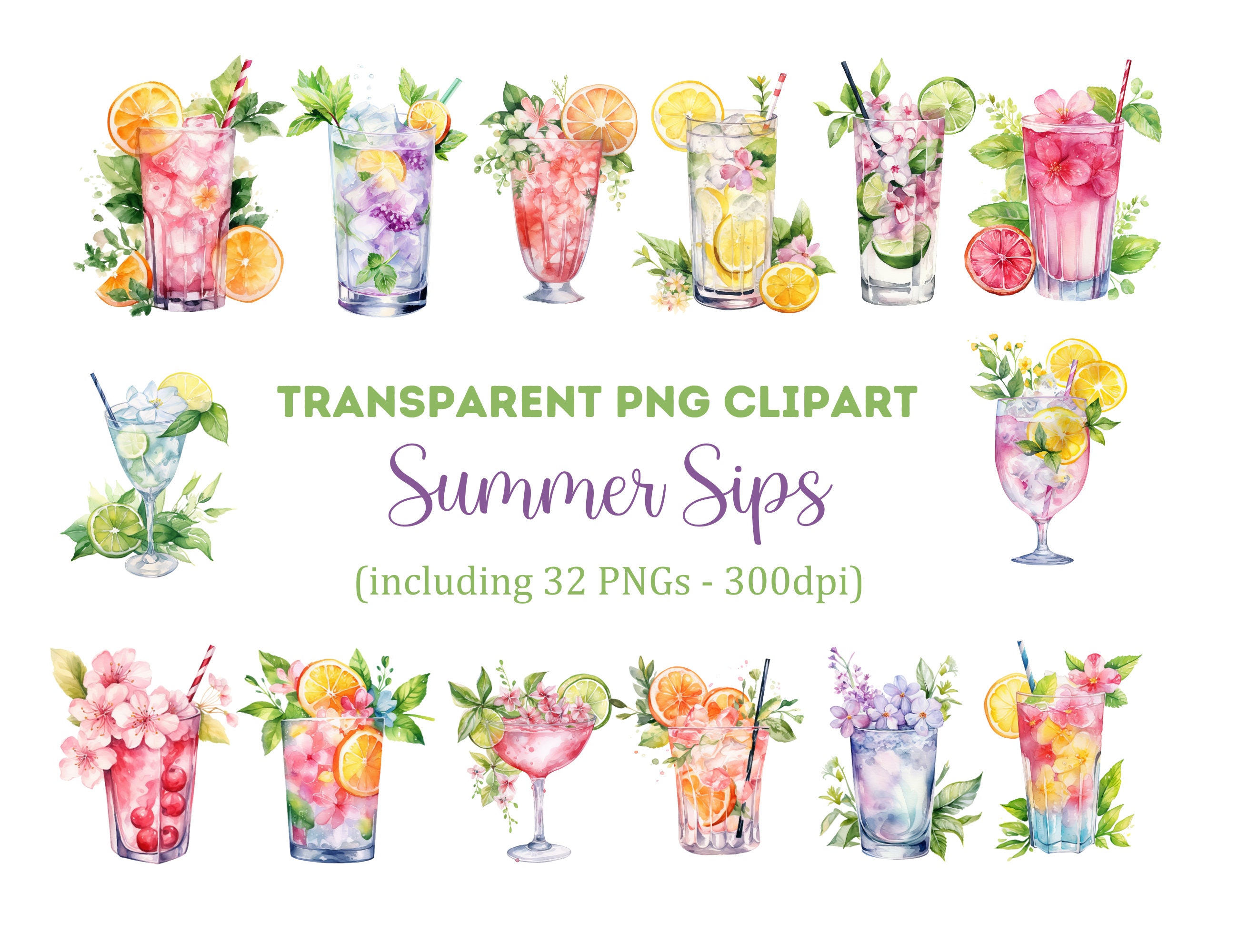Watercolor Summer Sips Clipart Bundle, Summer Drinks Clipart ...