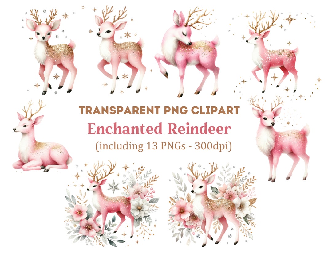Watercolor Gold Glitter Enchanted Reindeer Clipart, Christmas Clipart ...
