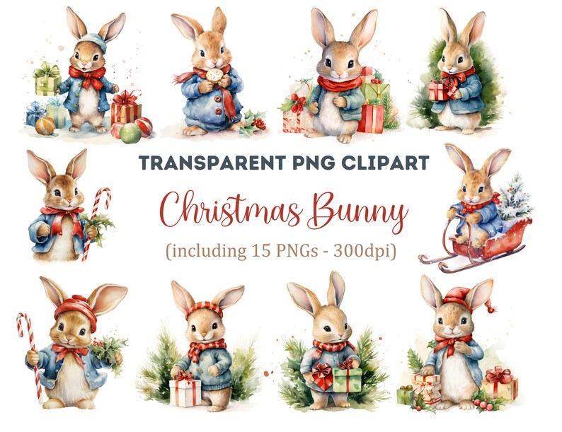 Christmas Bunny Clipart, Rabbit Clipart, Christmas Clipart, Transparent ...