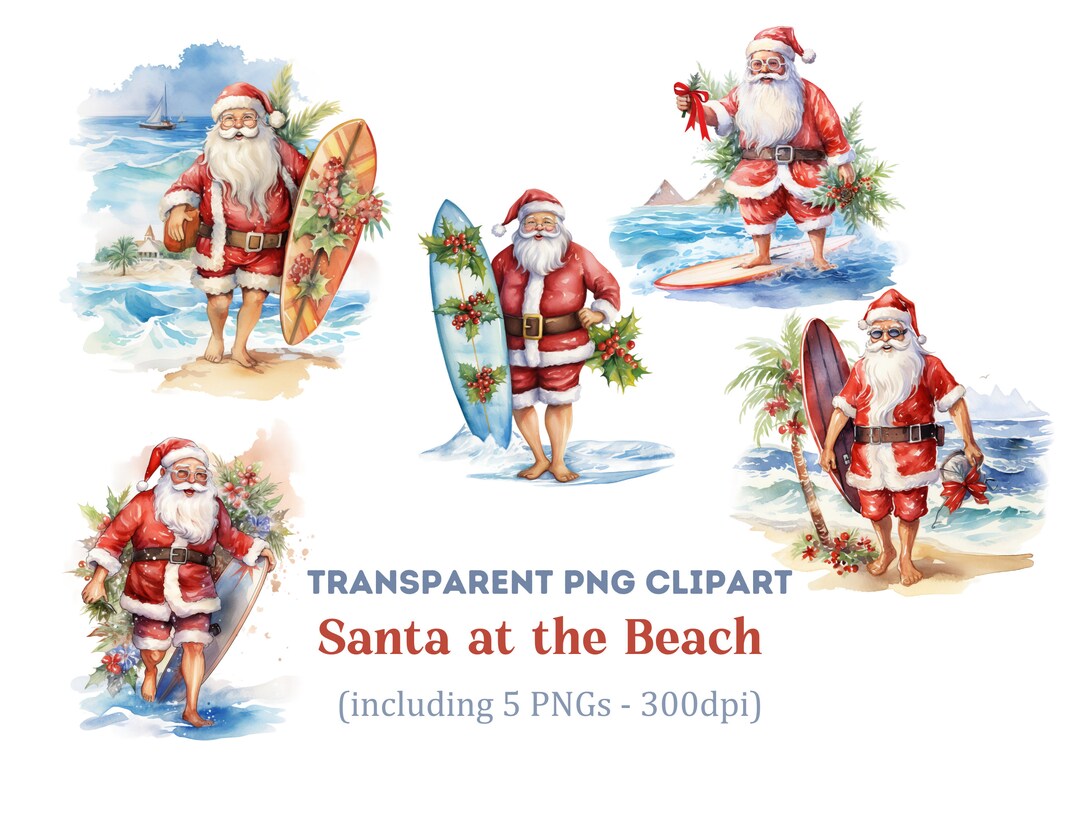 Santa at the Beach Clipart, Christmas Clipart, Beach Clipart ...