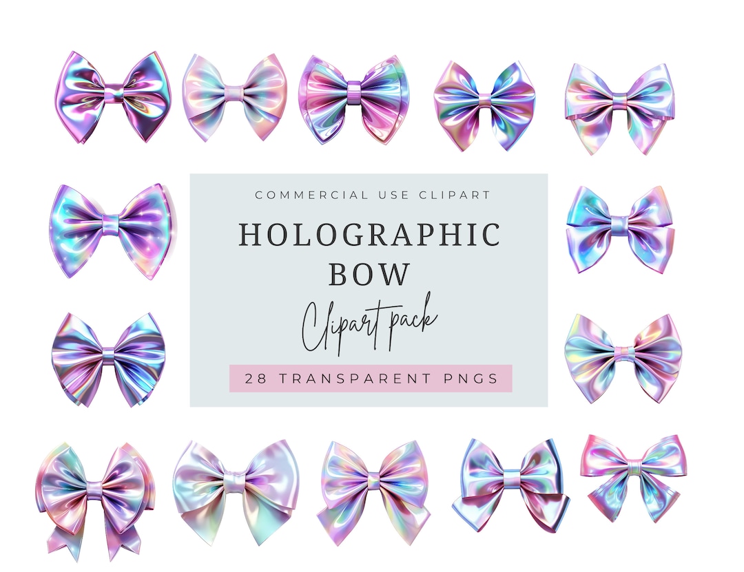 Holographic Bow Clipart, Hair Bow Clipart, Fashion Clipart, Transparent ...