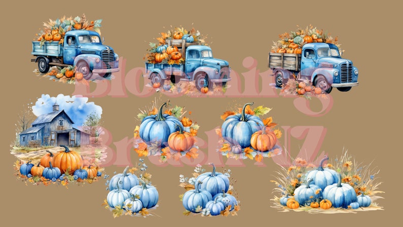 Watercolor Blue Pumpkin Farm Clipart, Vintage Blue Pumpkin Truck ...
