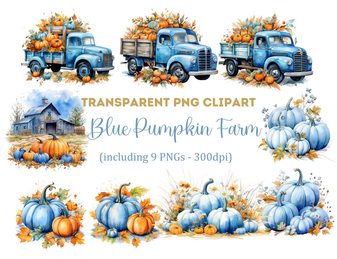 Watercolor Blue Pumpkin Farm Clipart, Vintage Blue Pumpkin Truck ...