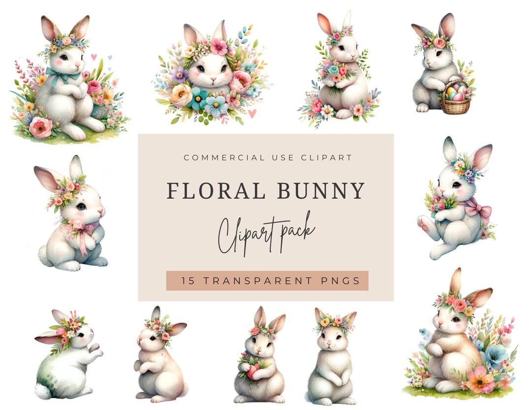 Watercolor Floral Bunny Clipart, Easter Rabbit Clipart, Flowers Animals ...