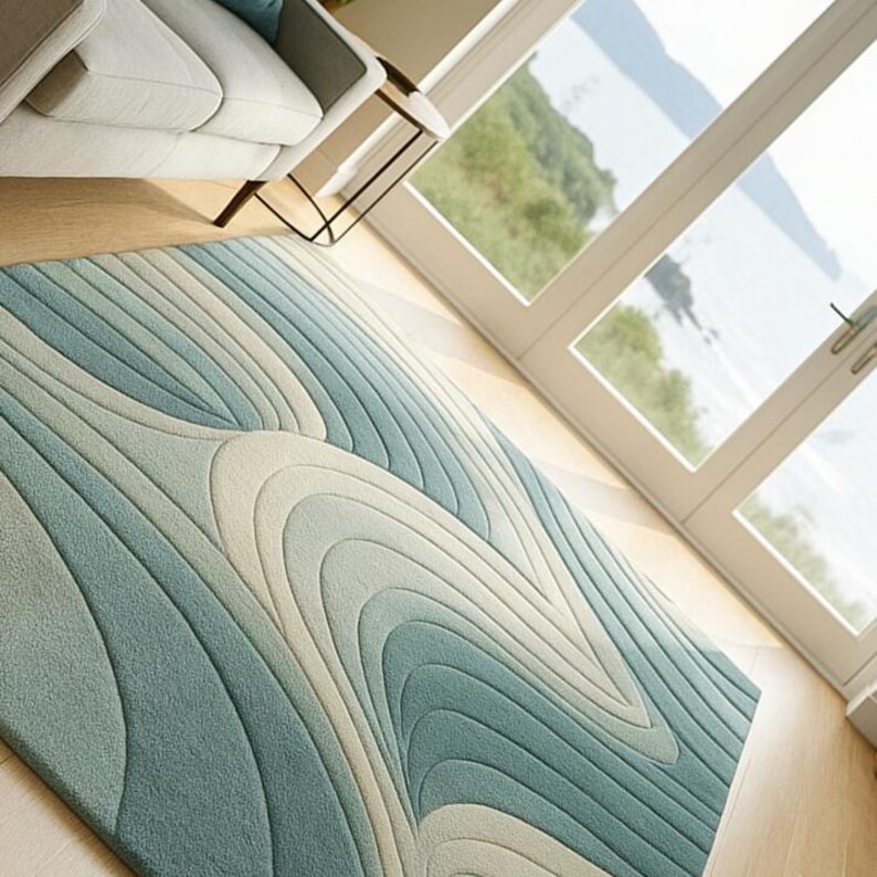 Modern Wave Pattern Wool Rug Hand Tufted Teal & Beige Carpet – Soft 3D ...