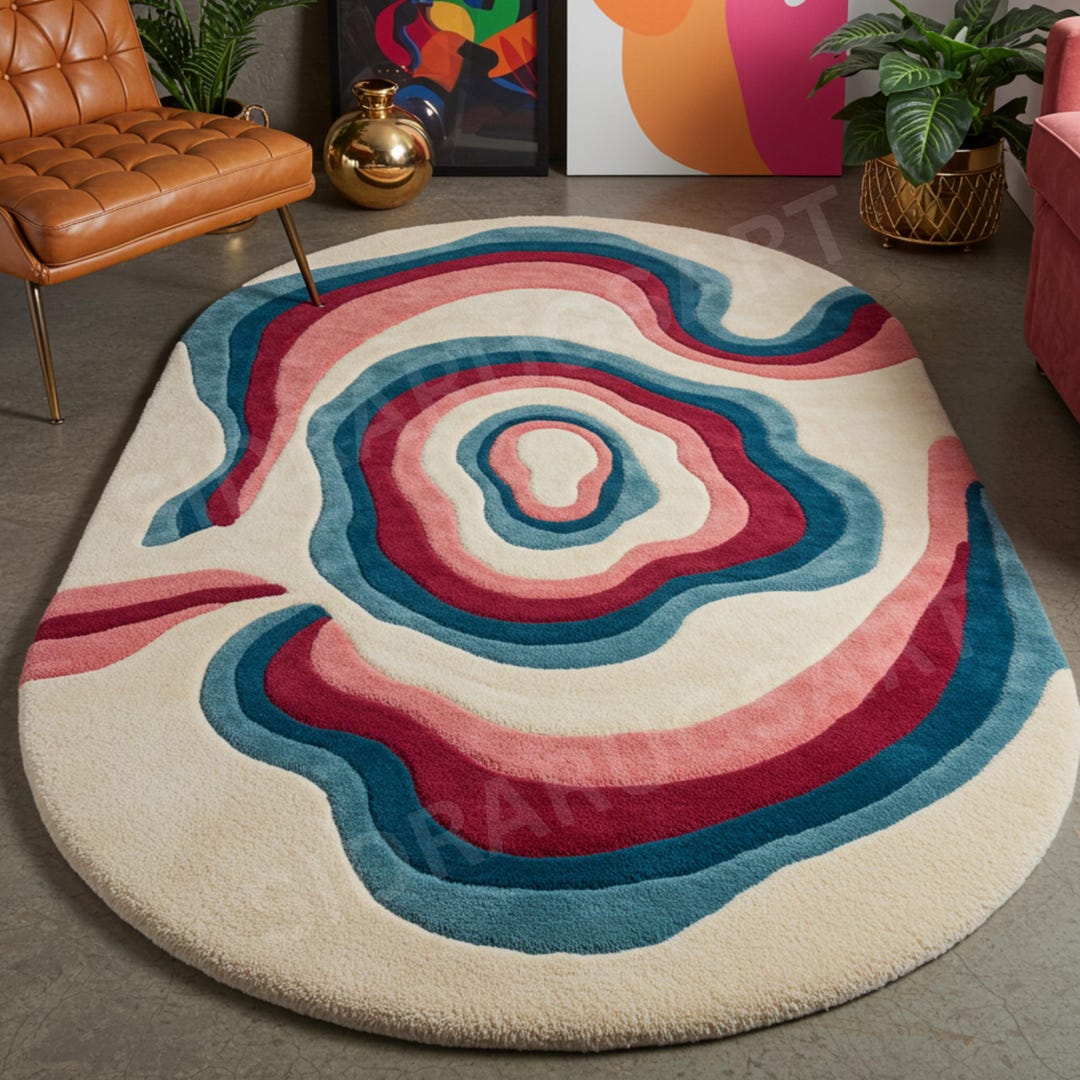 Groovy Abstract Hand-tufted Wool Rug Oval Shape Red Color 8x10 for ...