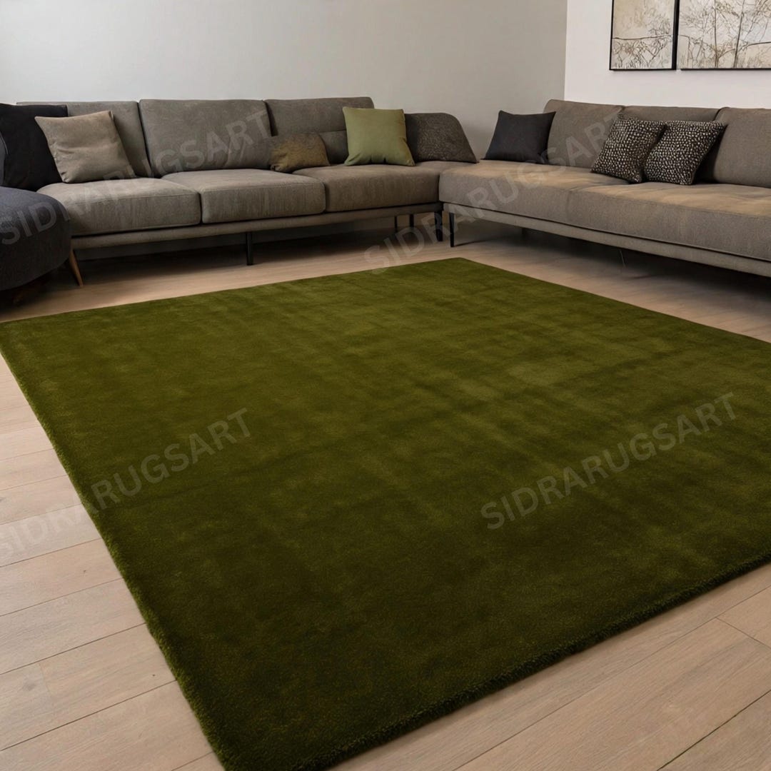 Handmade Moss Green Wool Rug: Minimalist Solid Color Carpet - Etsy